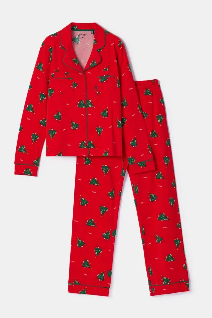 Woody Kerst Kat Dames Pyjama - rode kerstbomen print | Elegance Lingerie